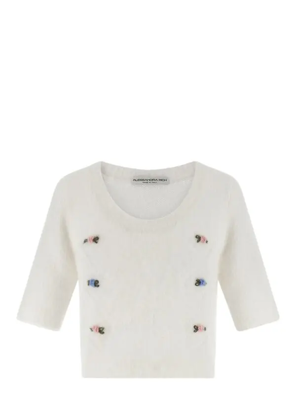 Alessandra Rich Cropped Knitted Jumper With Embroidered Detail - White
