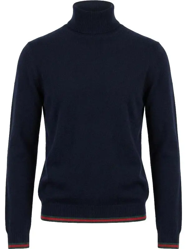 Gucci Fine Cashmere Turtleneck Jumper With Web Stripe Trim - Dark Blue