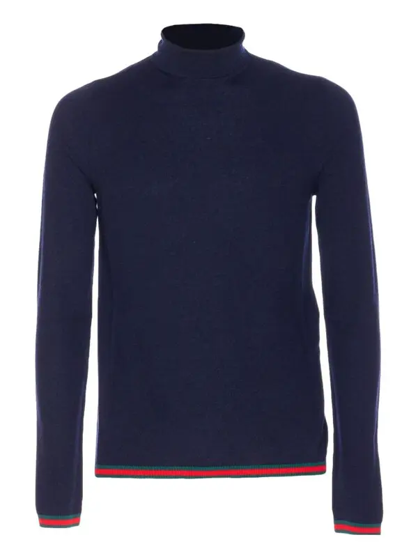 Gucci Fine Cashmere Turtleneck Jumper With Web Stripe Trim - Dark Blue