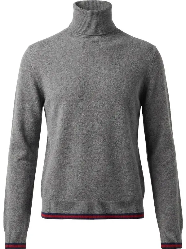 Gucci Fine Cashmere Turtleneck Jumper With Web Stripe Trim - Grey