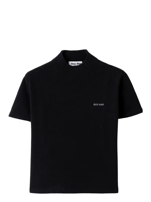 Miu Miu Logo-intarsia Short-sleeved Jumper - Navy Blue