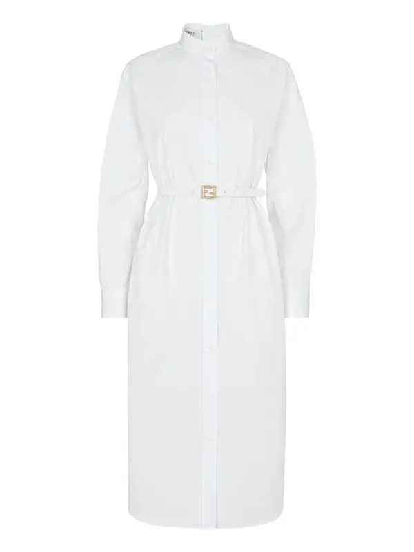 Fendi Band-collared Long-sleeved Midi Shirt Dress With Ff Buckle Belt - White