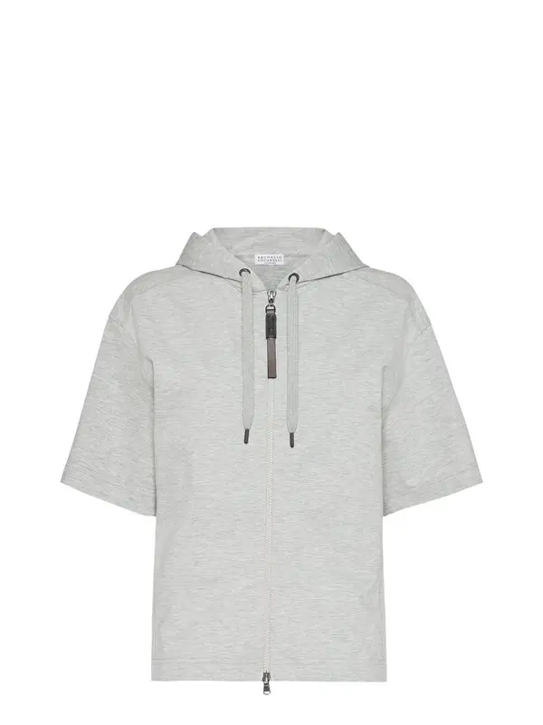 Brunello Cucinelli Short-sleeved Hooded Zip-up Sweatshirt - Light Gray