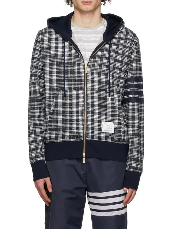 Thom Browne Checked Zip-up Hoodie - Navy Blue