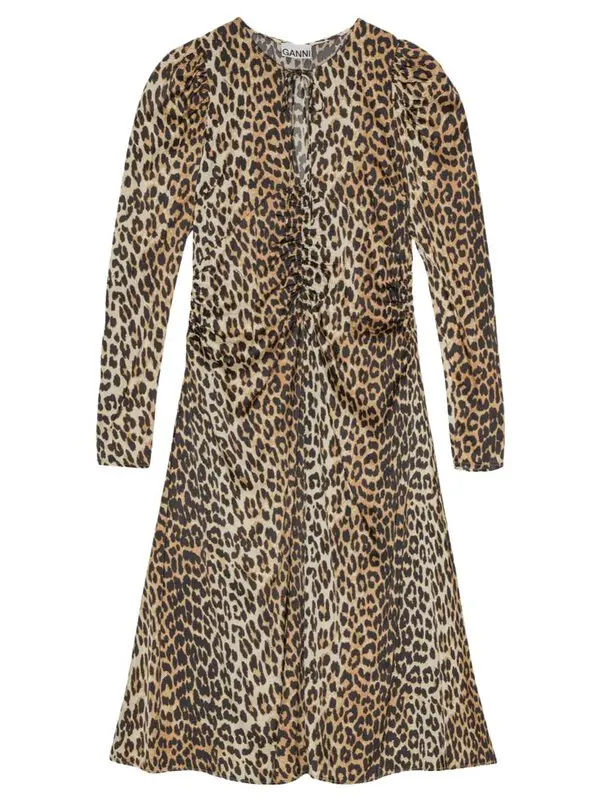 GANNI Printed Satin Ruched Midi Dress - Leopard