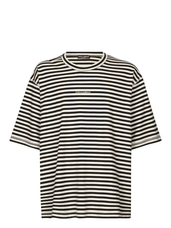 Dolce & Gabbana Dolce Gabbana Logo-embroidered Striped Crewneck T-shirt - Black