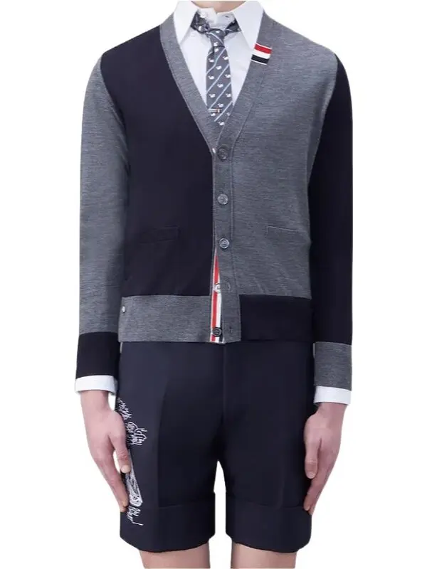 Thom Browne Panelled V-neck Button-up Cardigan - Navy Blue