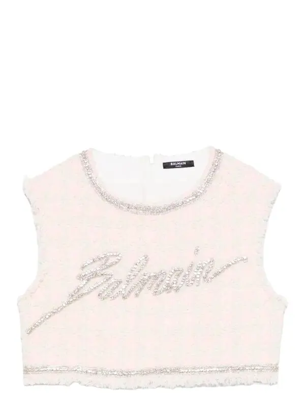 Balmain Embellished Tweed Cropped Top - Blush Pink