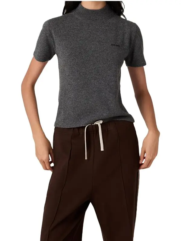 Miu Miu Logo-intarsia Short-sleeved Jumper - Slate Gray