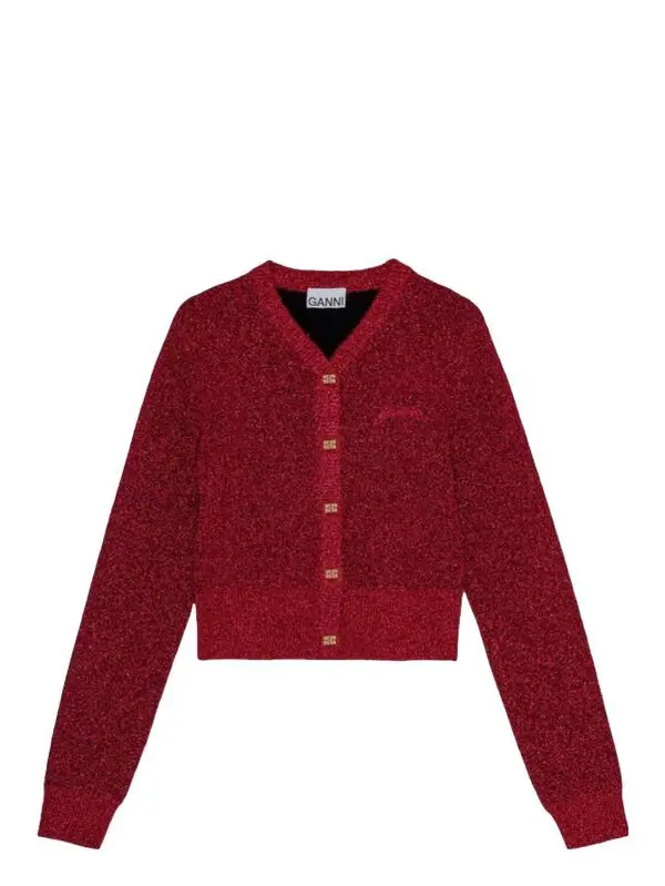 GANNI Embroidered Logo Knit Cardigan - Red