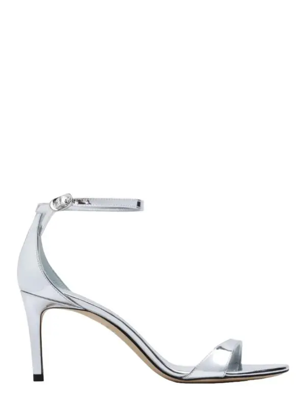 STUART WEITZMAN Metallic Round Toe Stiletto Sandals With Ankle Straps - Silver