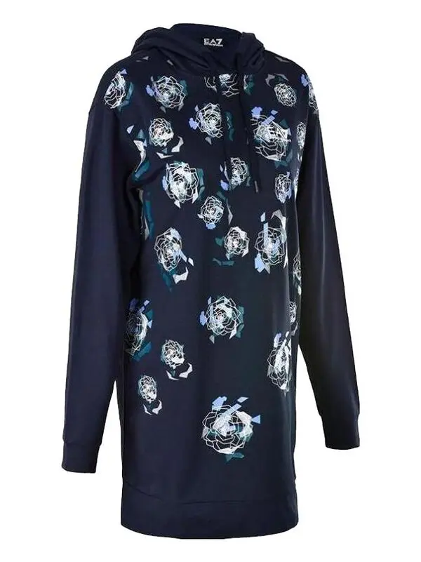 EA7 Navy Blue Floral Pattern Hooded Long Sweater - Black