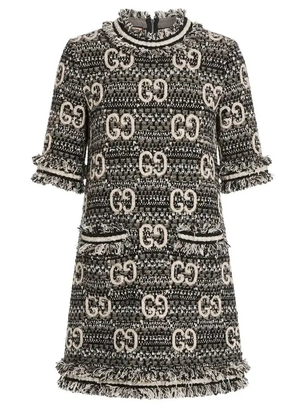 Gucci Gg Pattern Tweed Dress With Tassel Details - Black
