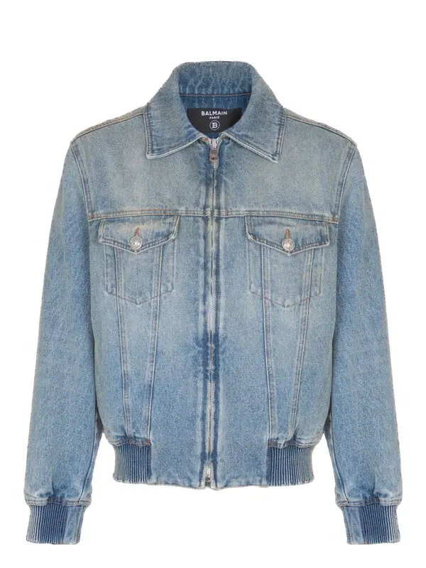 Balmain Cropped Denim Jacket With Zip Closure - Blue