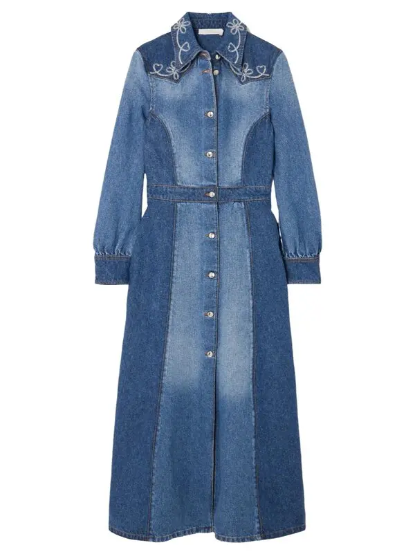 Chloé Embroidered Denim Shirt Dress - Blue