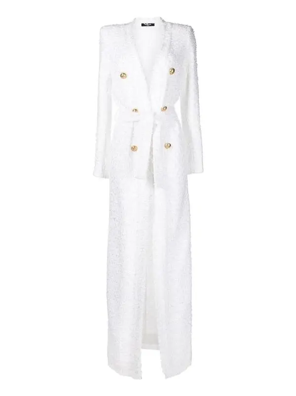 Balmain Belted Tweed Coat - White