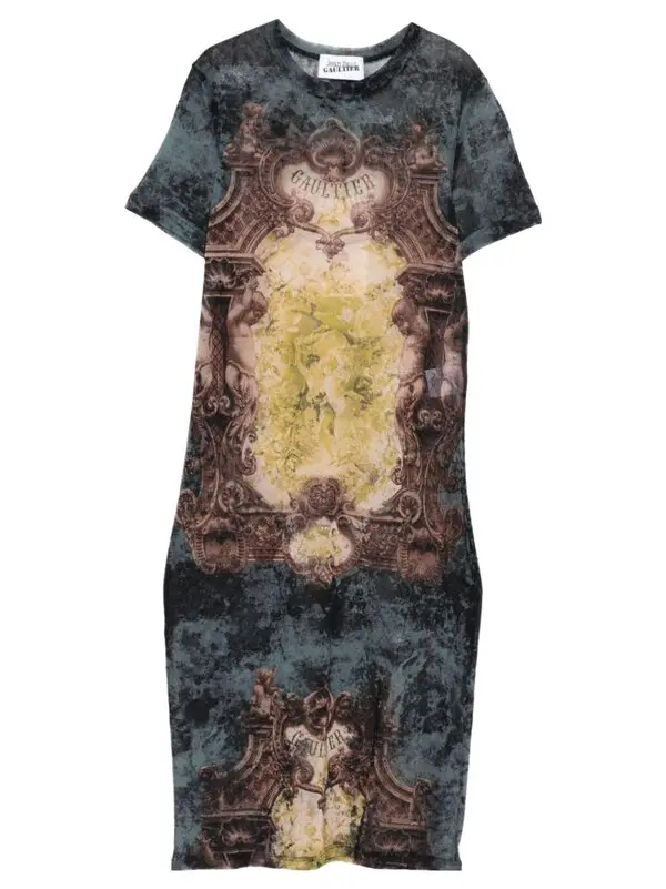 JEAN PAUL GAULTIER Short Sleeve Printed Sheer Dress - Black
