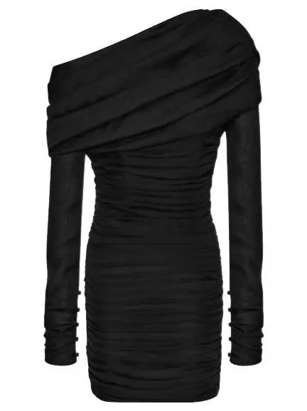 Saint Laurent Ruched One-shoulder Dress In Silk Muslin - Black