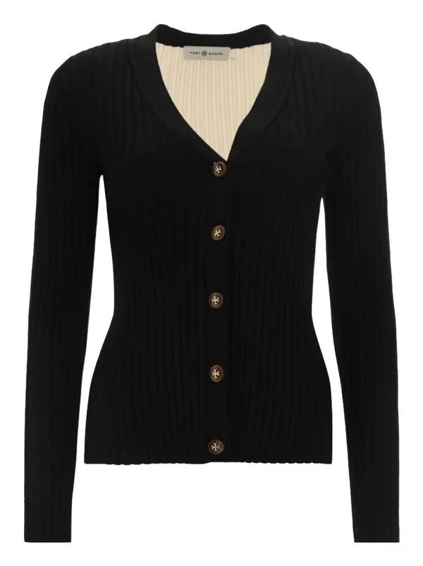Tory Burch Two-tone Ribbed Cardigan - Black