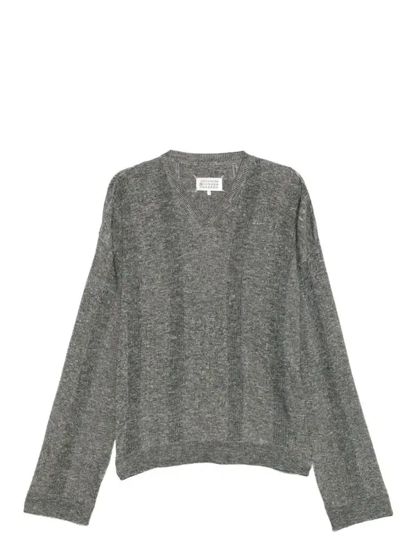 MAISON MARGIELA V-neck Ribbed Knit Sweater With Contrast Stitching - Gray