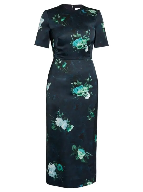 Erdem Rose-print Short Sleeve Midi Dress - Black