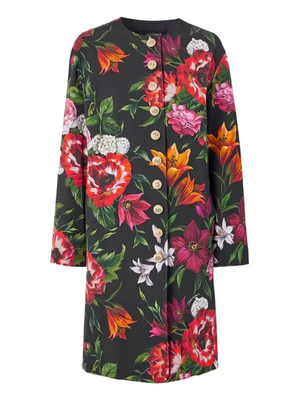 Dolce & Gabbana Floral Print Long Sleeve Coat - Black