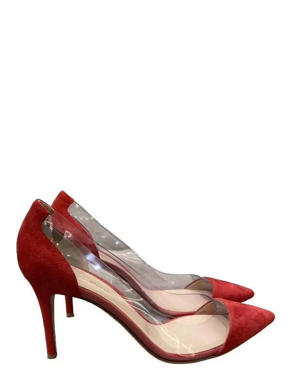 GIANVITO ROSSI Suede Pointed High Heel Pumps With Transparent Panels - Red