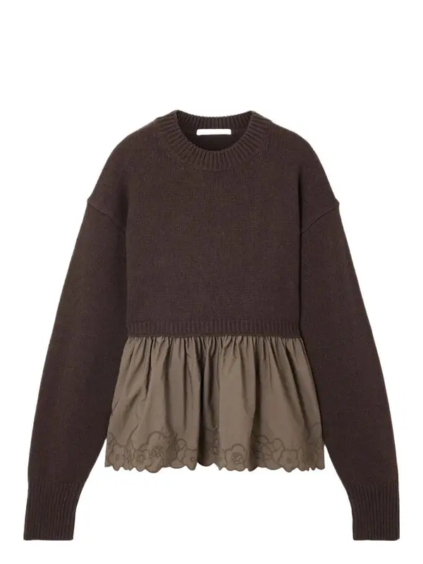Cecilie Bahnsen Embroidered Cashmere And Wool-blend And Shell Peplum Sweater - Black