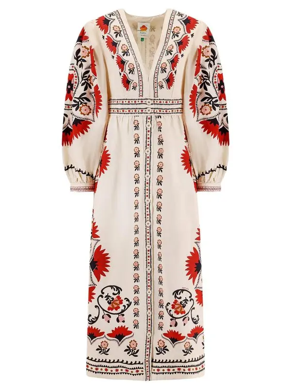 Farm Rio Embroidered V-neck Maxi Dress With Balloon Sleeves - Nude