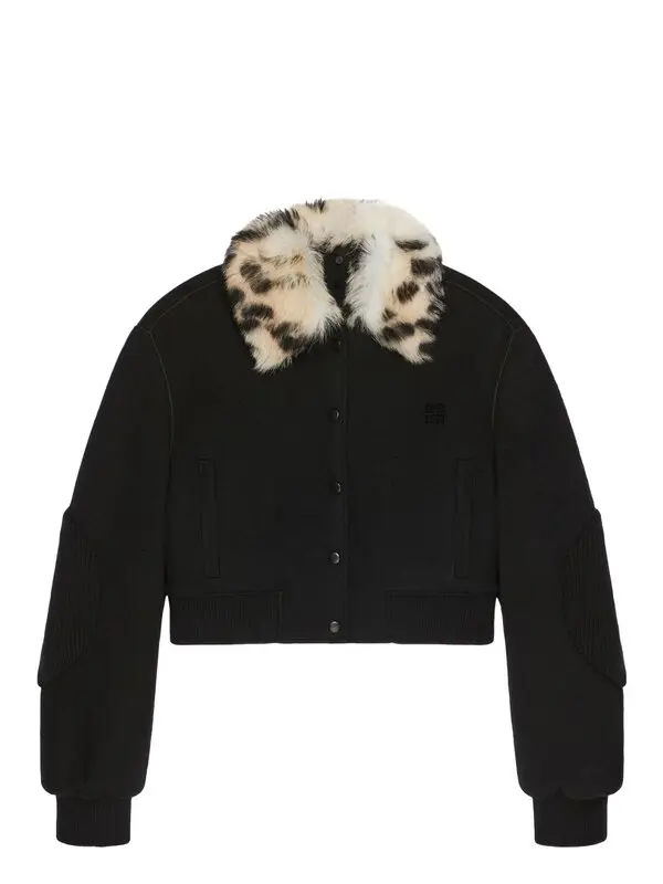 Givenchy Cropped Wool Varsity Jacket With Leopard Print Fur Collar - Black