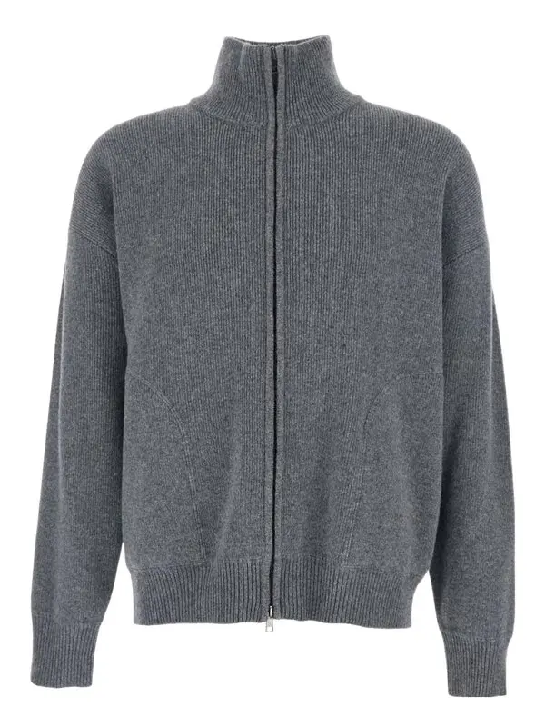 ROBERTO COLLINA High Neck Ribbed Knit Cardigan - Gray