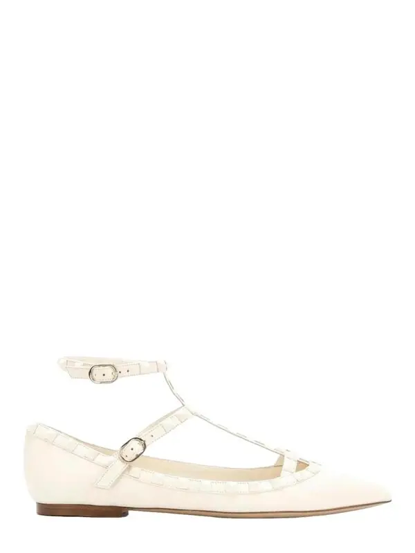 Valentino Garavani Rockstud Pointed Toe Flat Shoes With Ankle Straps - Ivory White