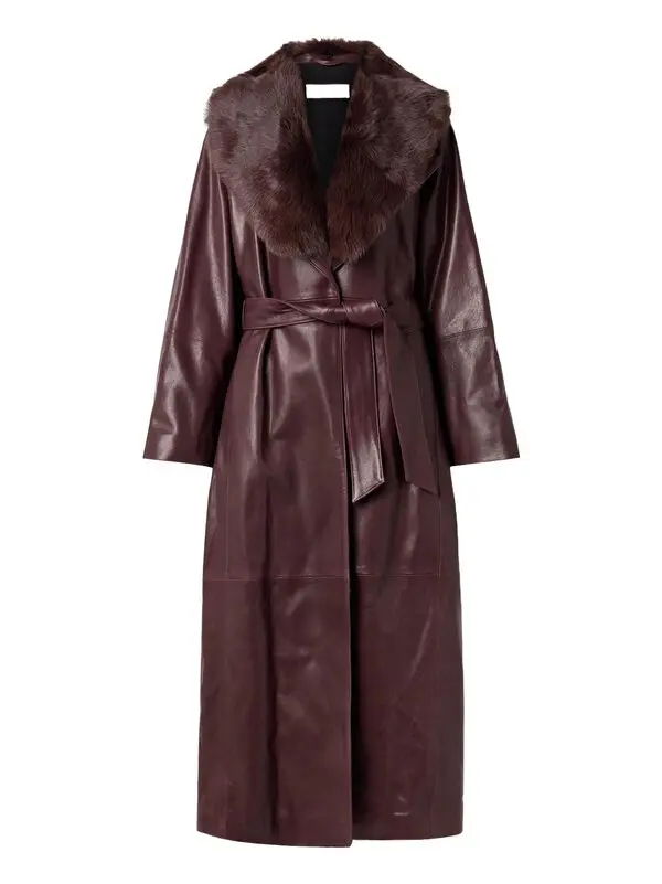 Nour Hammour Briona Belted Shearling-trimmed Leather Coat - Red