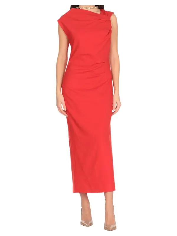 MSGM Ruched Asymmetrical Neck Slim Fit Dress - Red
