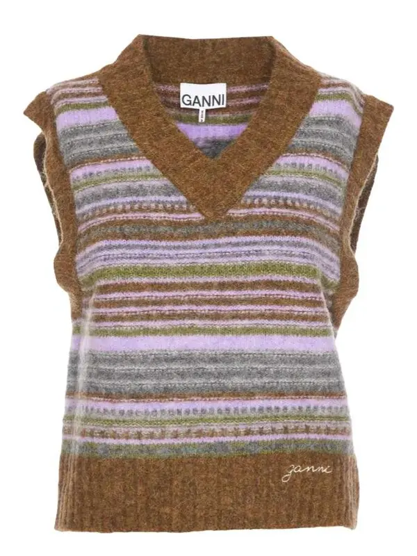GANNI Striped Knit Vest - Gray