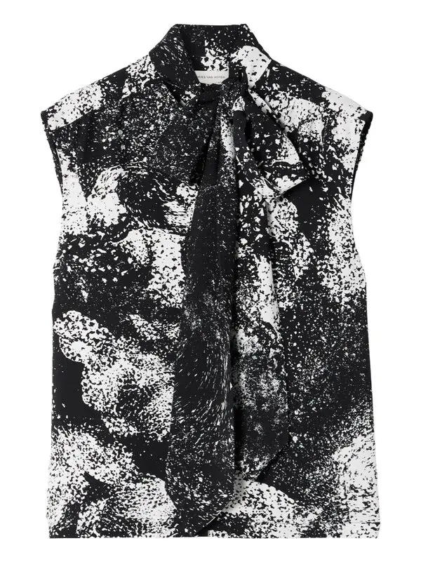 Dries Van Noten Sleeveless Tie-neck Printed Crepe Top - Black