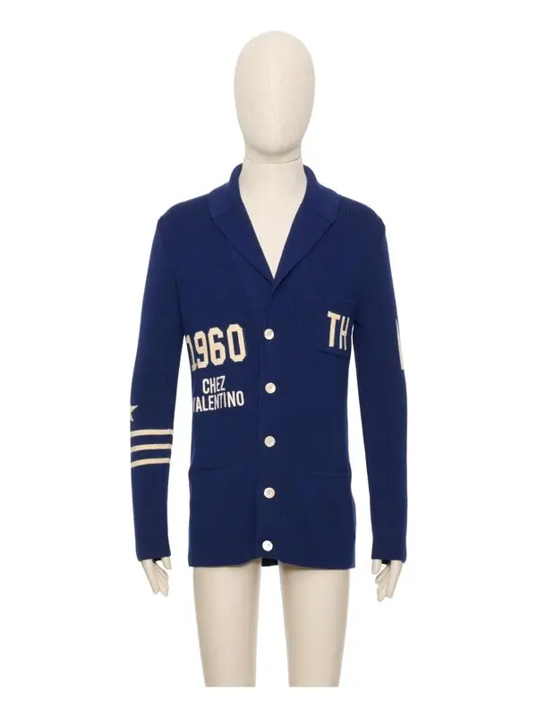 Valentino Garavani Button-up V-neck Cardigan With Green Fruit Collar And Chez Jacquard - Blue