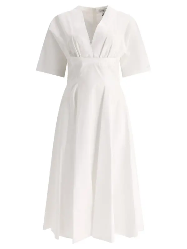 Alaïa A-line Pleated Dress With V-neck And Short Sleeves - White
