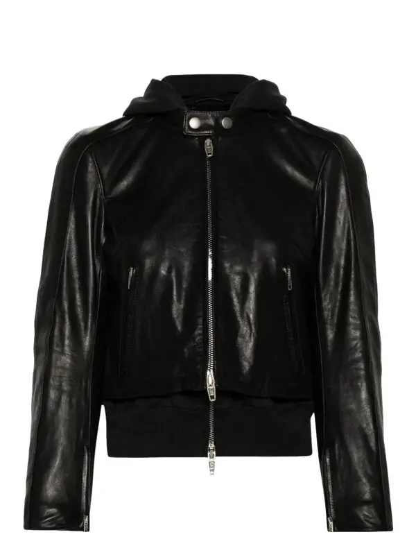 Balenciaga Layered Detail Leather Hooded Jacket - Black