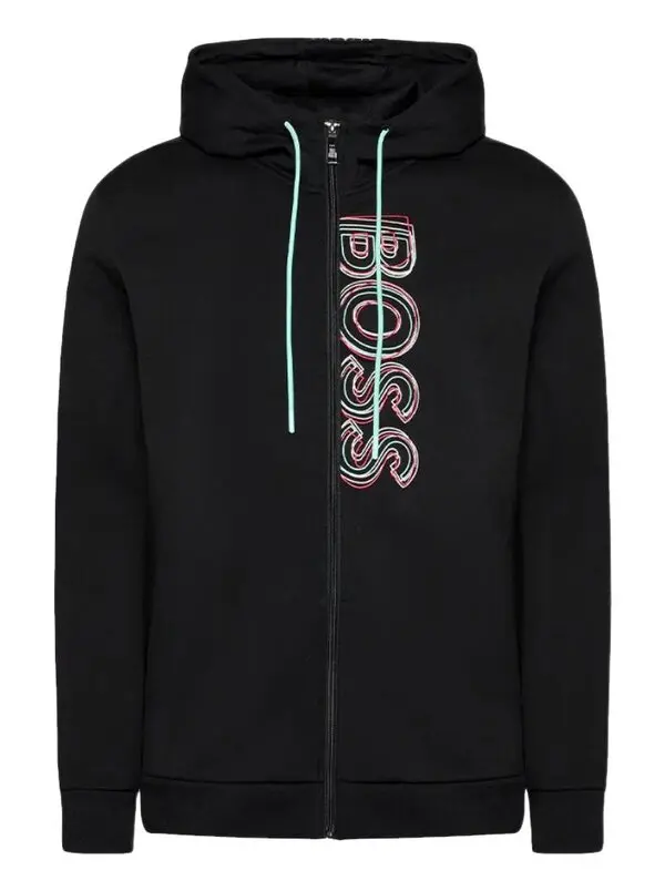 Hugo Boss Logo Embroidered Zip-up Hooded Coat - Black