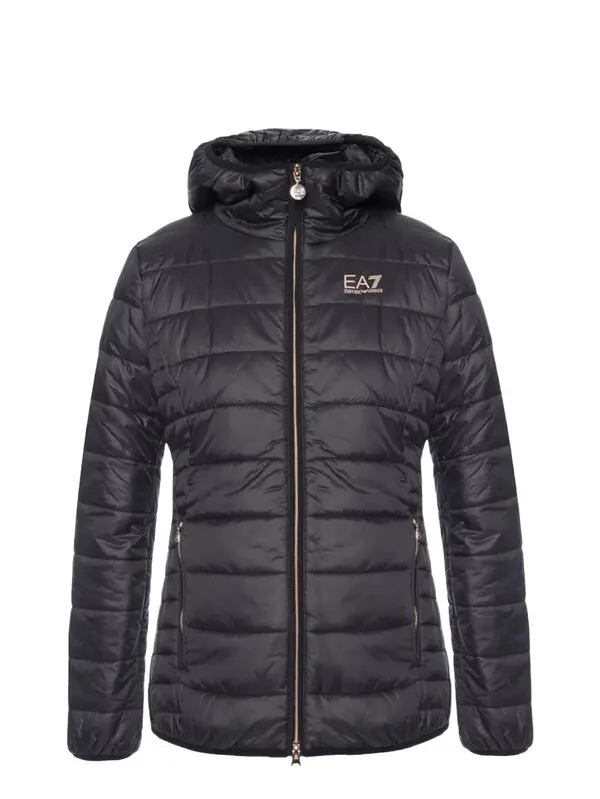 EA7 Quilted Hooded Jacket With Graphic Print - Black