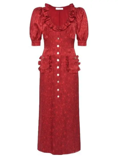 Alessandra Rich Ruffled Jacquard Midi Dress - Red