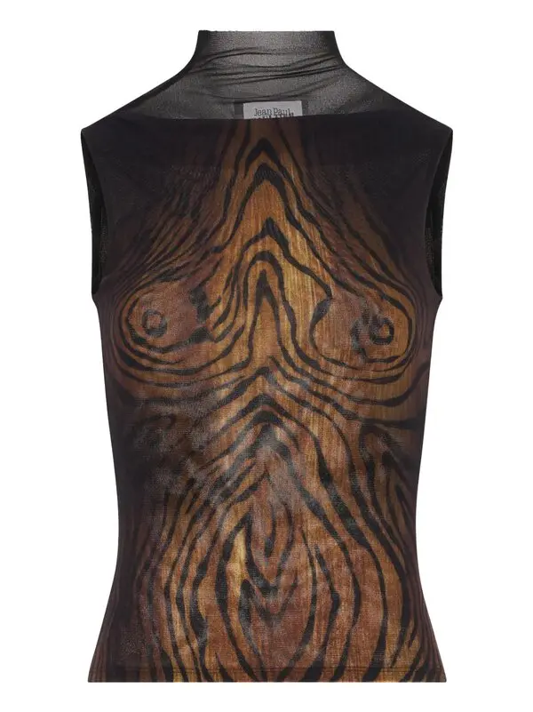 JEAN PAUL GAULTIER Sleeveless High-neck Wood-print Top - Black