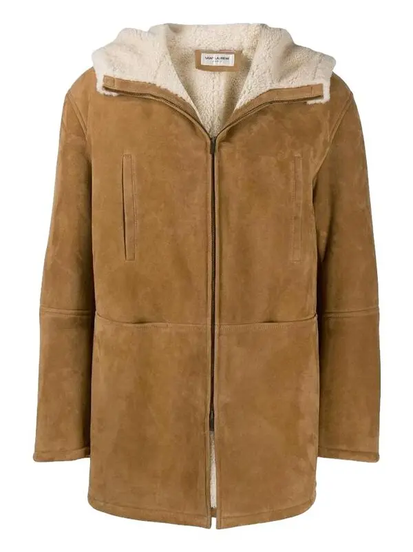 Saint Laurent Fur Lined Hooded Zip Coat - Brown