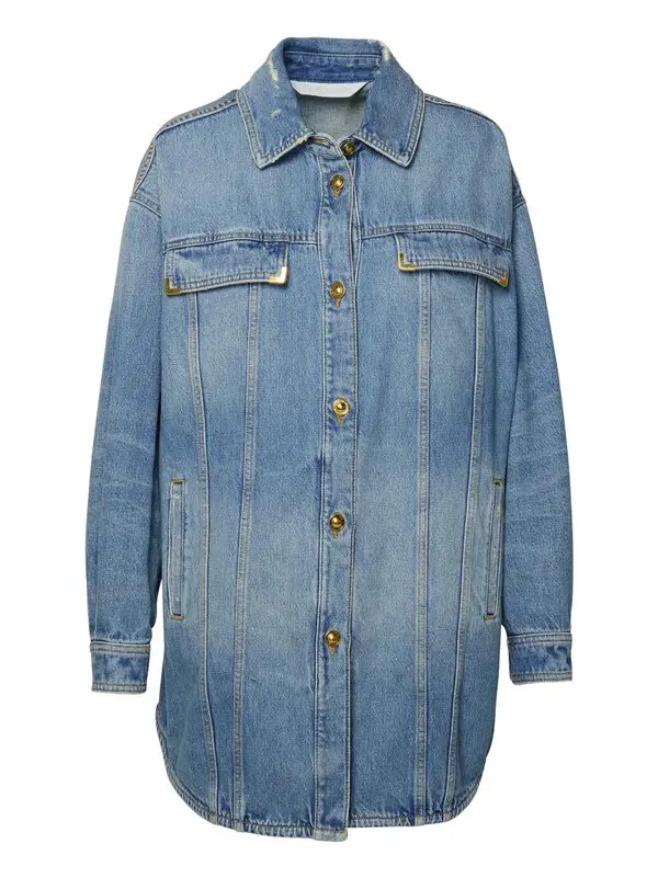Palm Angels Curved Hem Buttoned Denim Shirt - Blue