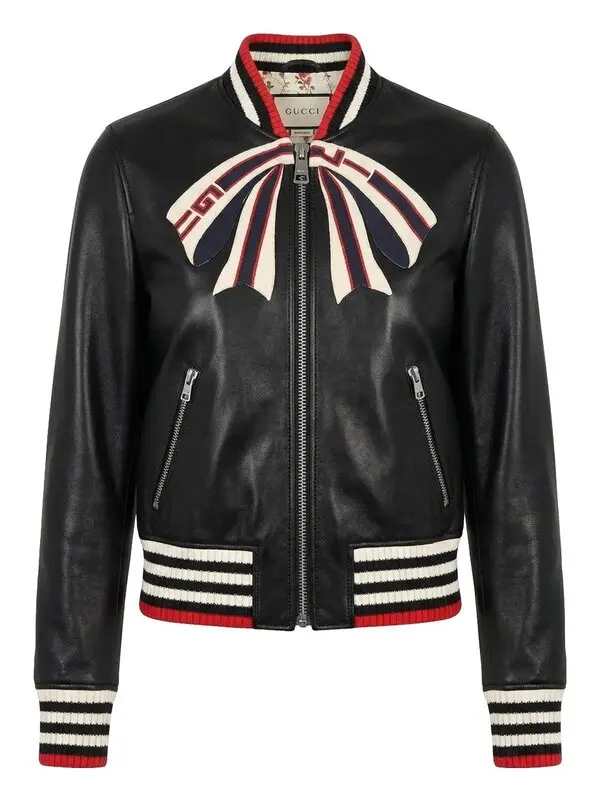 Gucci Bow Zipper Leather Bomber Jacket - Black