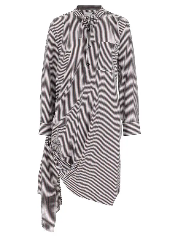 Bottega Veneta Cotton Striped Shirt Dress With Knot Detail - Bordeaux Red/navy Blue