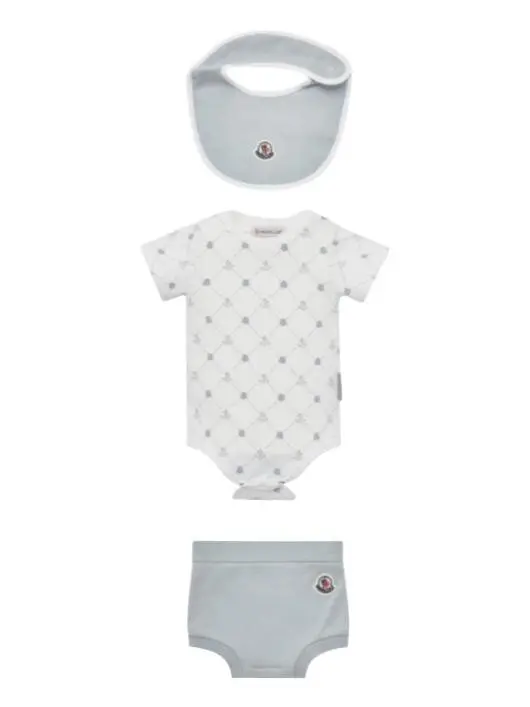 Moncler Logo Print Bodysuit, Shorts, And Bib Set - Blue/white