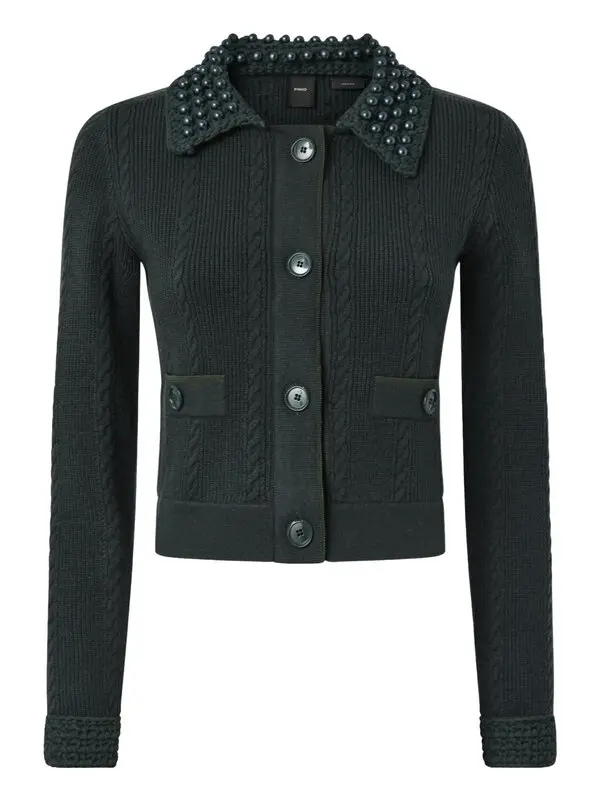 Pinko Cable-knit Pearl-embellished Cardigan - Black