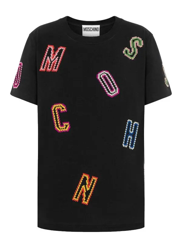 Moschino Letter Embroidered Cotton T-shirt - Black